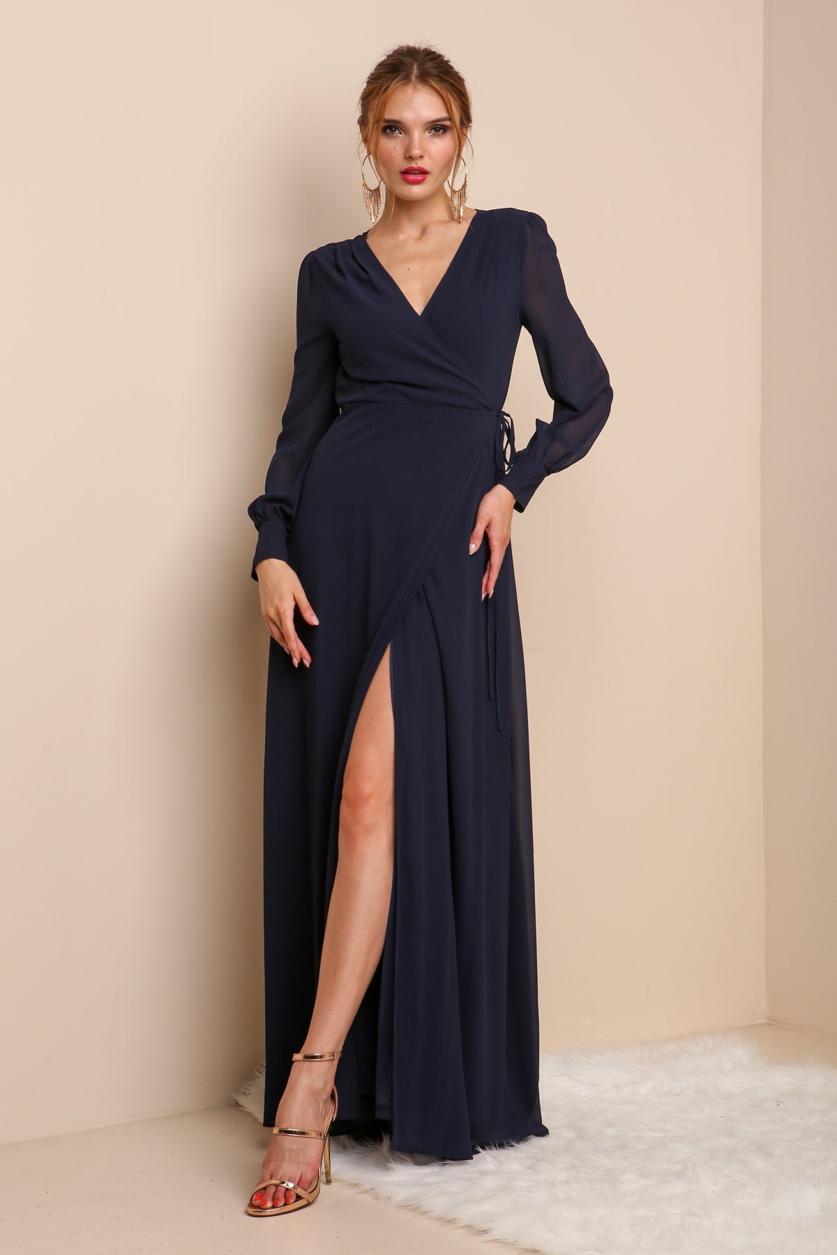 Sierra - Navy - Chiffon Long Sleeve Chiffon Dress | La Jolie Robe ...
